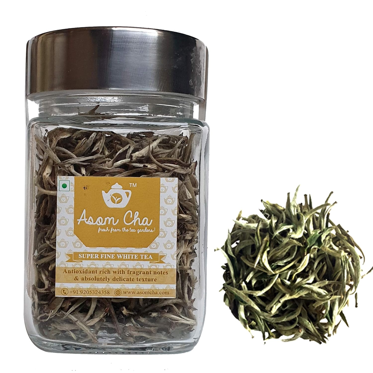 Asom Cha SuperFine White Tea | Silver Needle White Tea | 30g in a glass ...