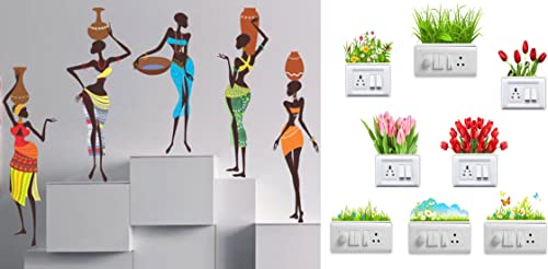 Merical African Lady and Flowers Switch Board Wall Sticker for Living ...